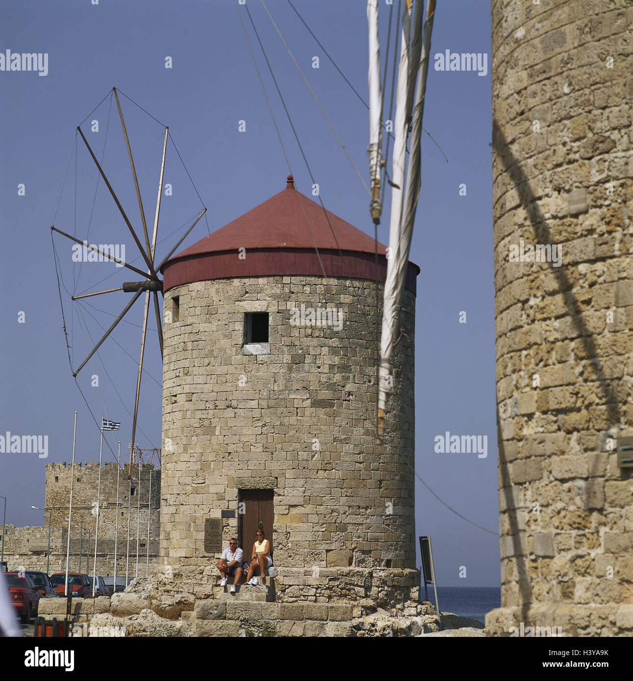 Greece, Rhodes, Rhodes town, harbour, Mandraki, fortress, agio Nikolaos ...