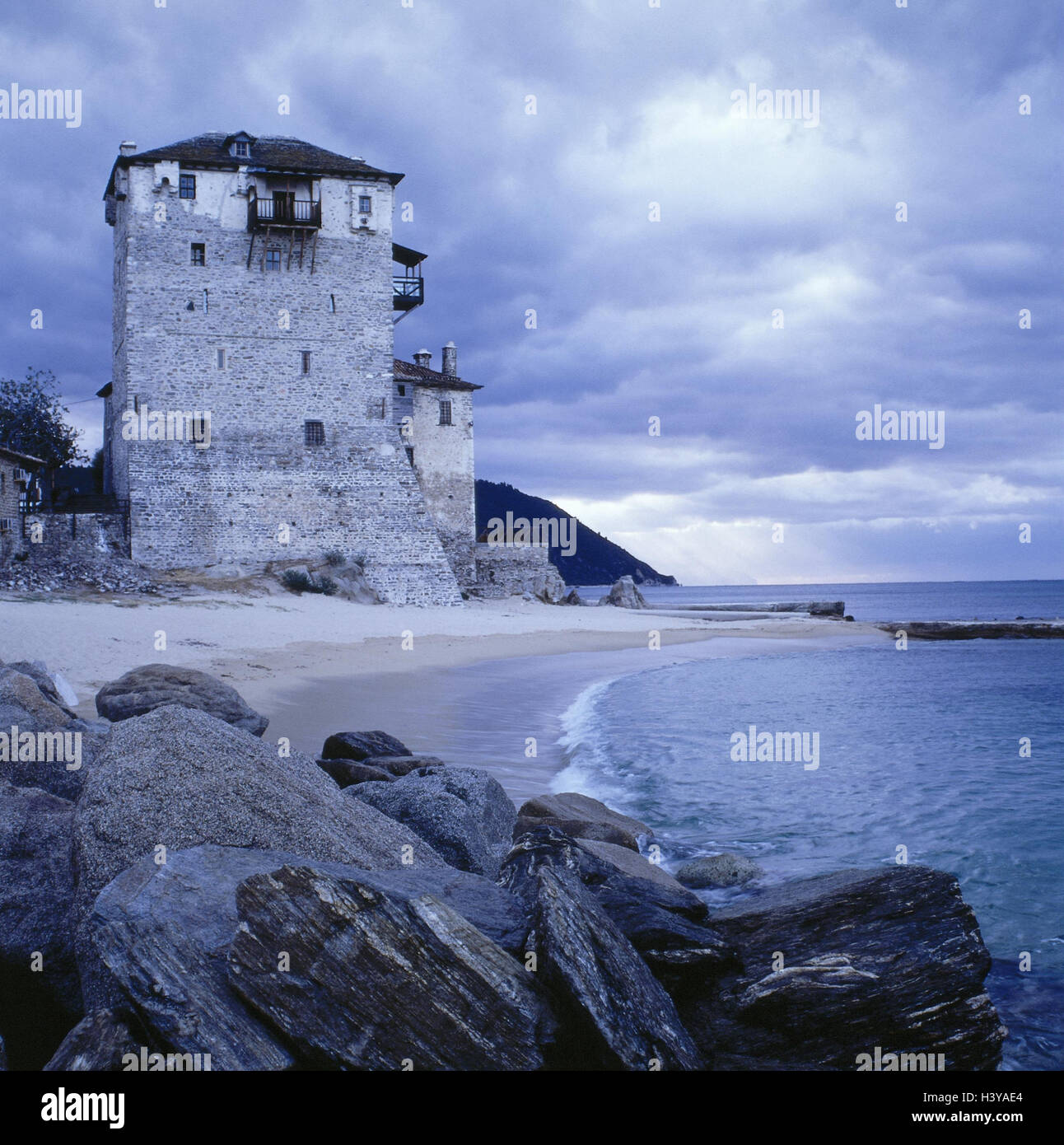 Greece, Athos, Ouranopoli, coast, tower Prosphorion, sea, stormy ...