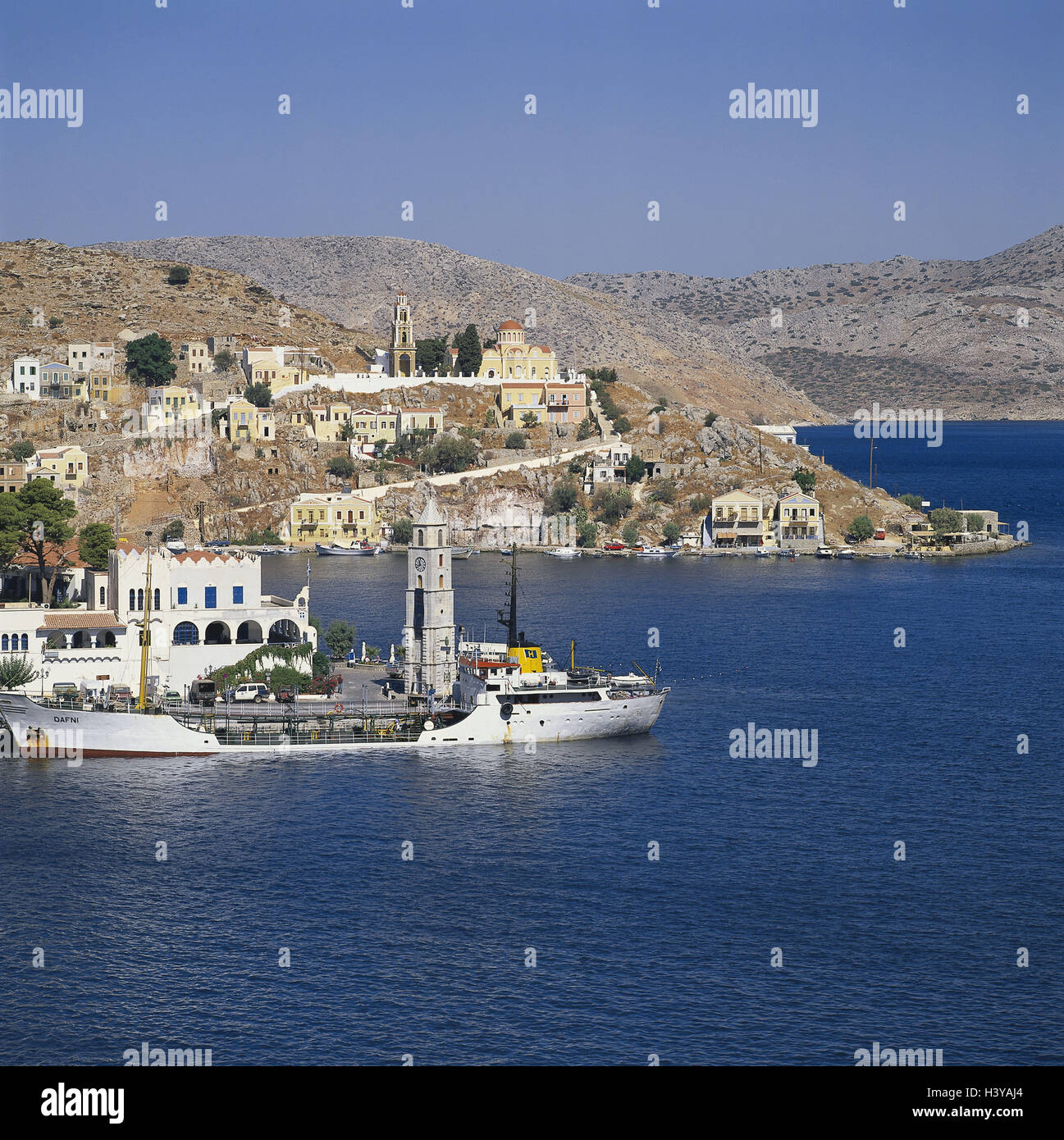 Greece, Simi, Simi town, town view, harbour, freighter, Dodekanes ...