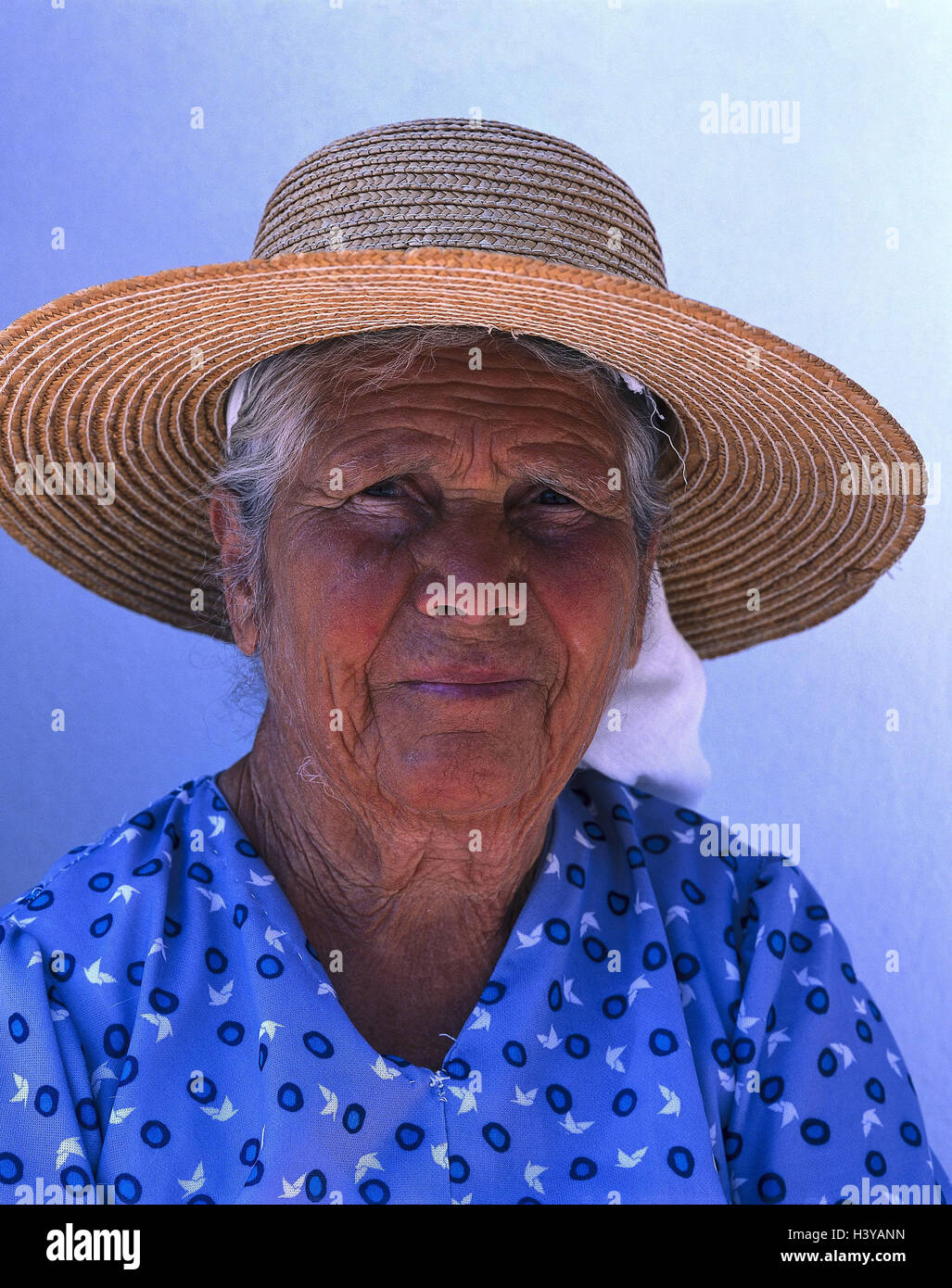 Greece, Rhodes, senior, straw hat, portrait, Dodekanes, island, woman ...