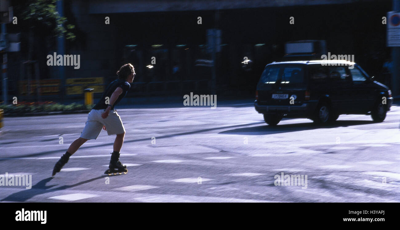 Town, crossroads, car, Inlineskater, street scene, traffic, vehicle ...