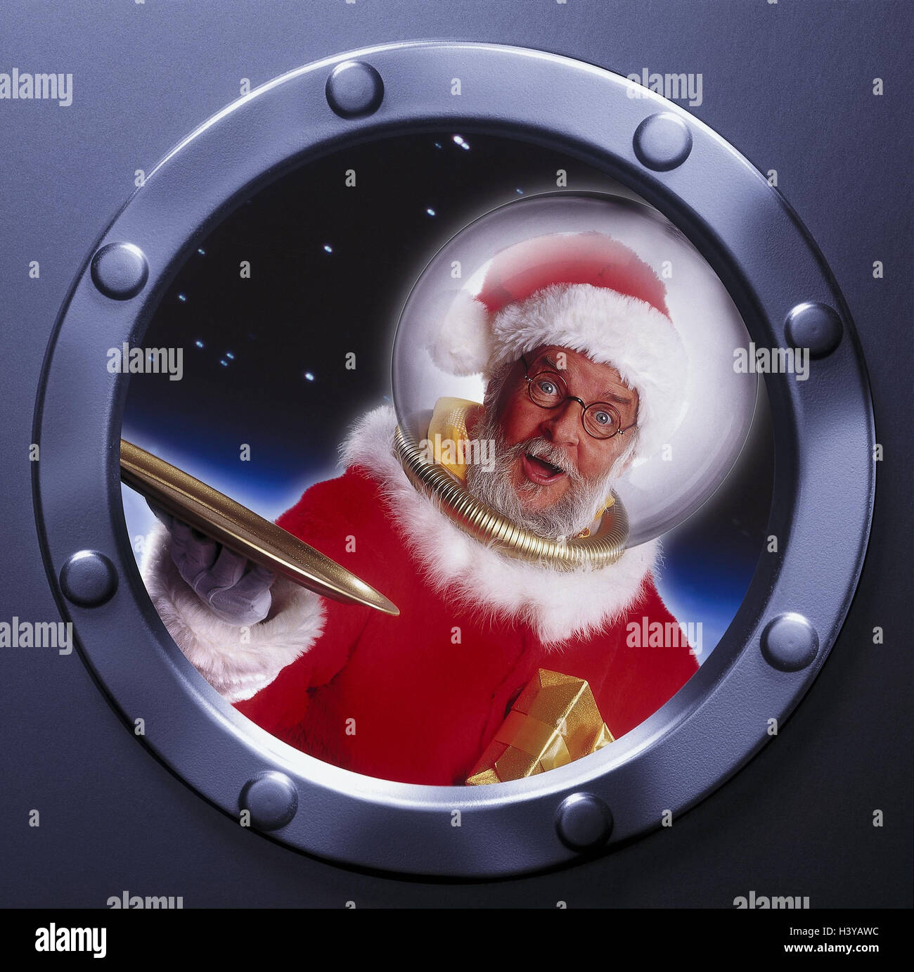 Santa Claus, space suit, tablet, present, universe, porthole, [M ...