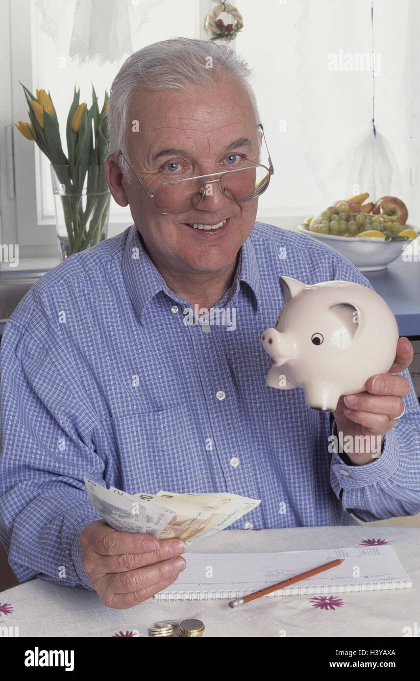 Senior, piggy bank, bank notes, coins, calendars, model released, man ...