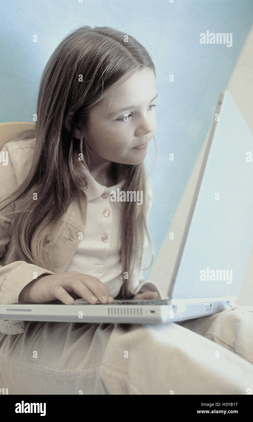 Child, girl, laptop, play, learn, inside, at home, PC, Homecomputer ...
