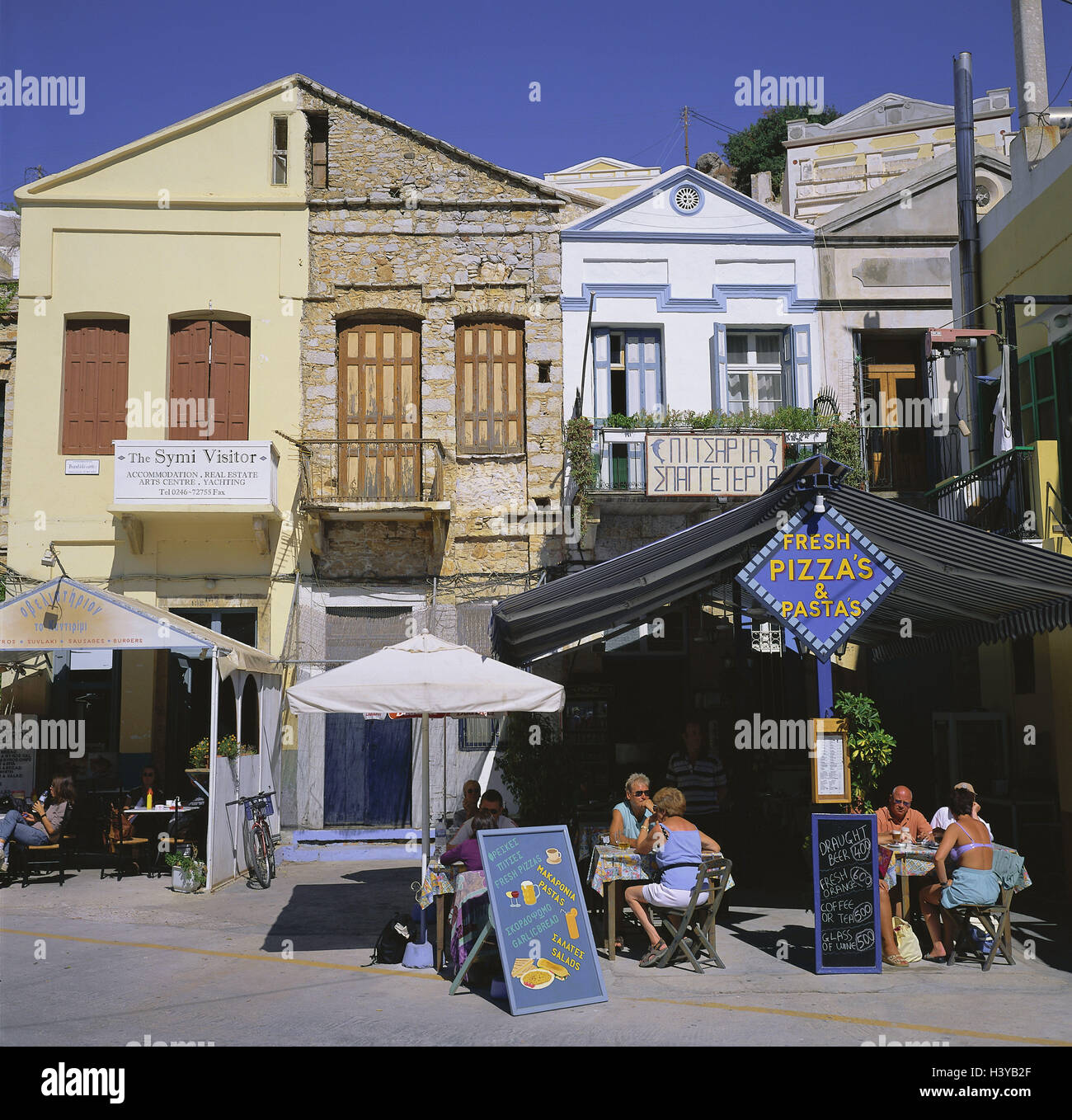 Greece, Simi, Simi town, street cafe, tourist, Dodekanes, town, island ...