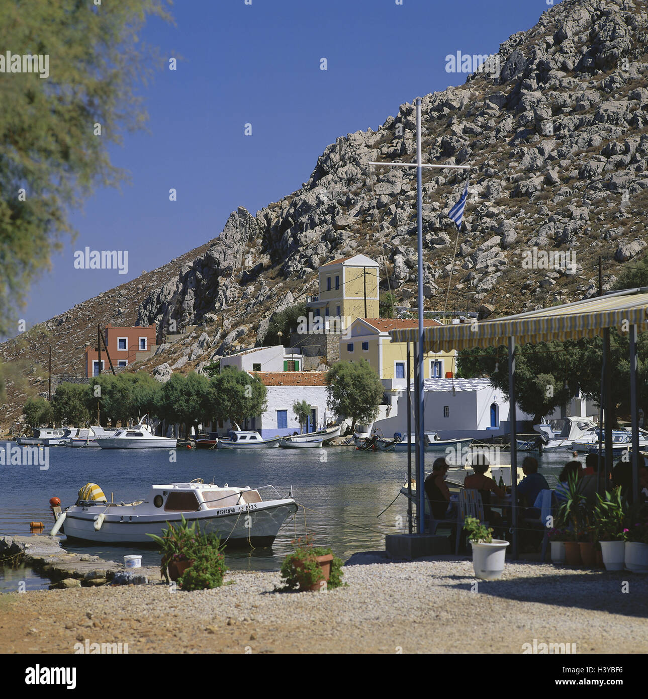 Greece, island Simi, Pedi, local view, street cafe, boots, Dodekanes ...