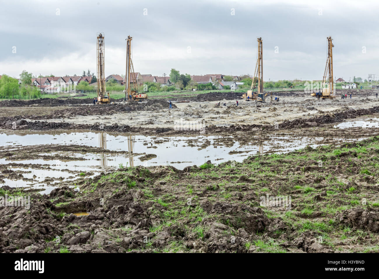 Landscape view on construction site with big equipment for drilling ...