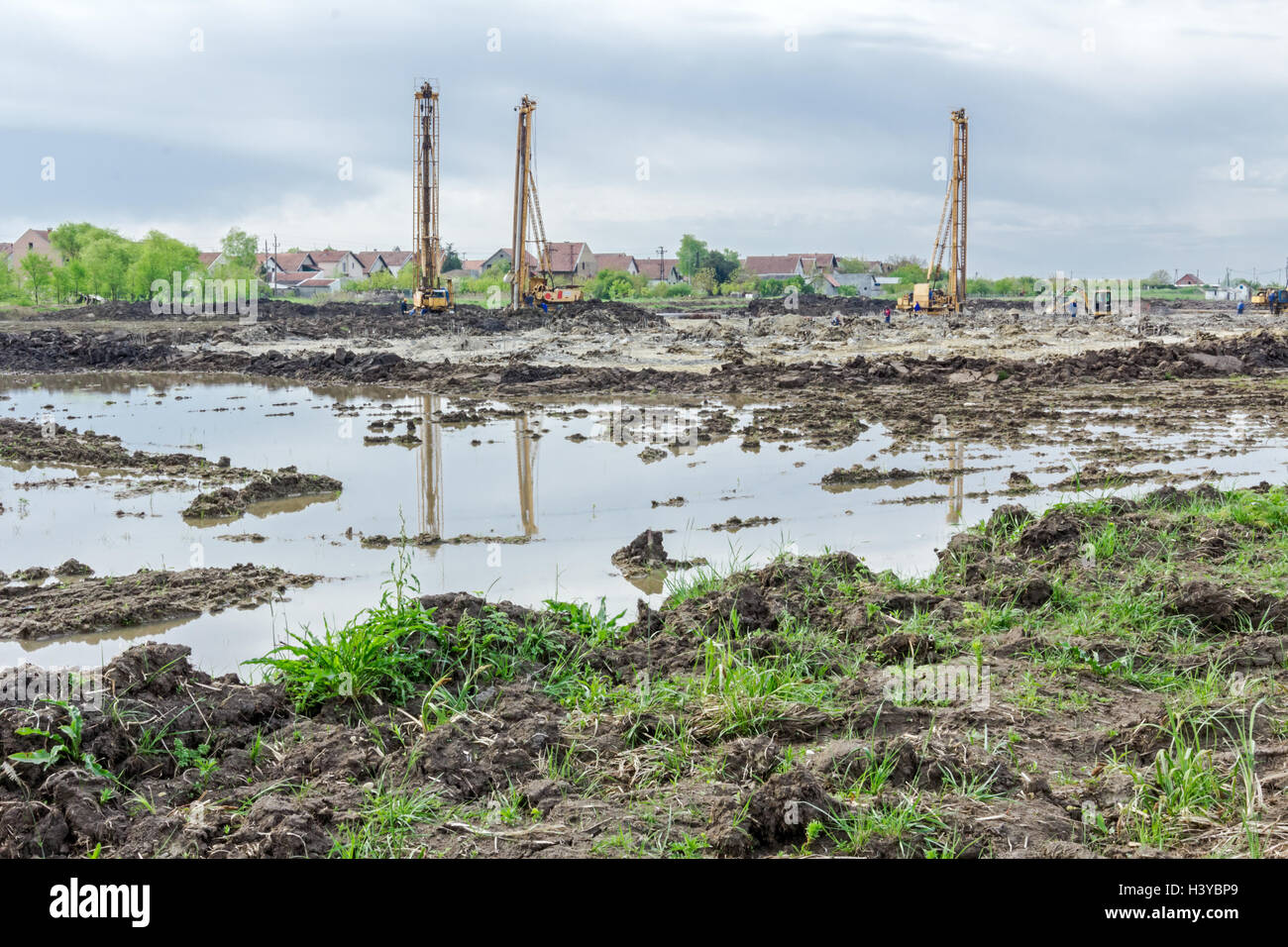 Landscape view on construction site with big equipment for drilling ...
