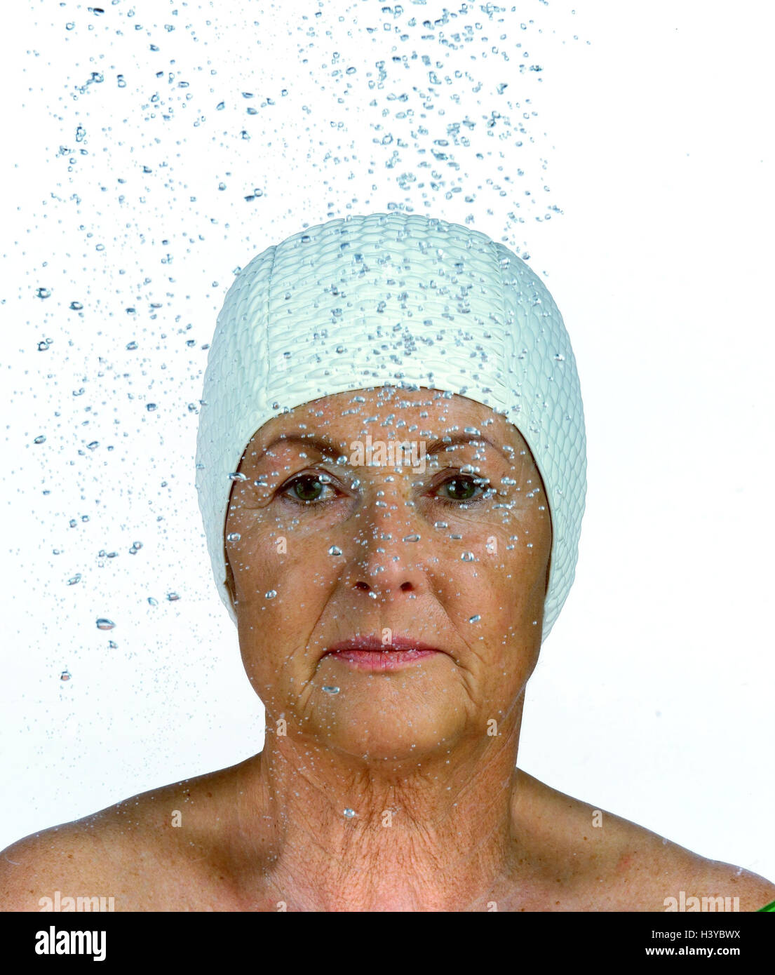 Senior, smile, bathing cap, air bubbles, portrait, woman, old ...