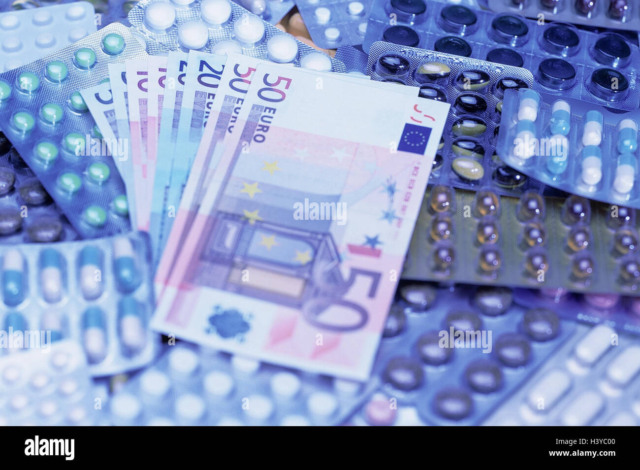 Icon, health reform, bank notes, euro, Blister, tablets, Still life ...