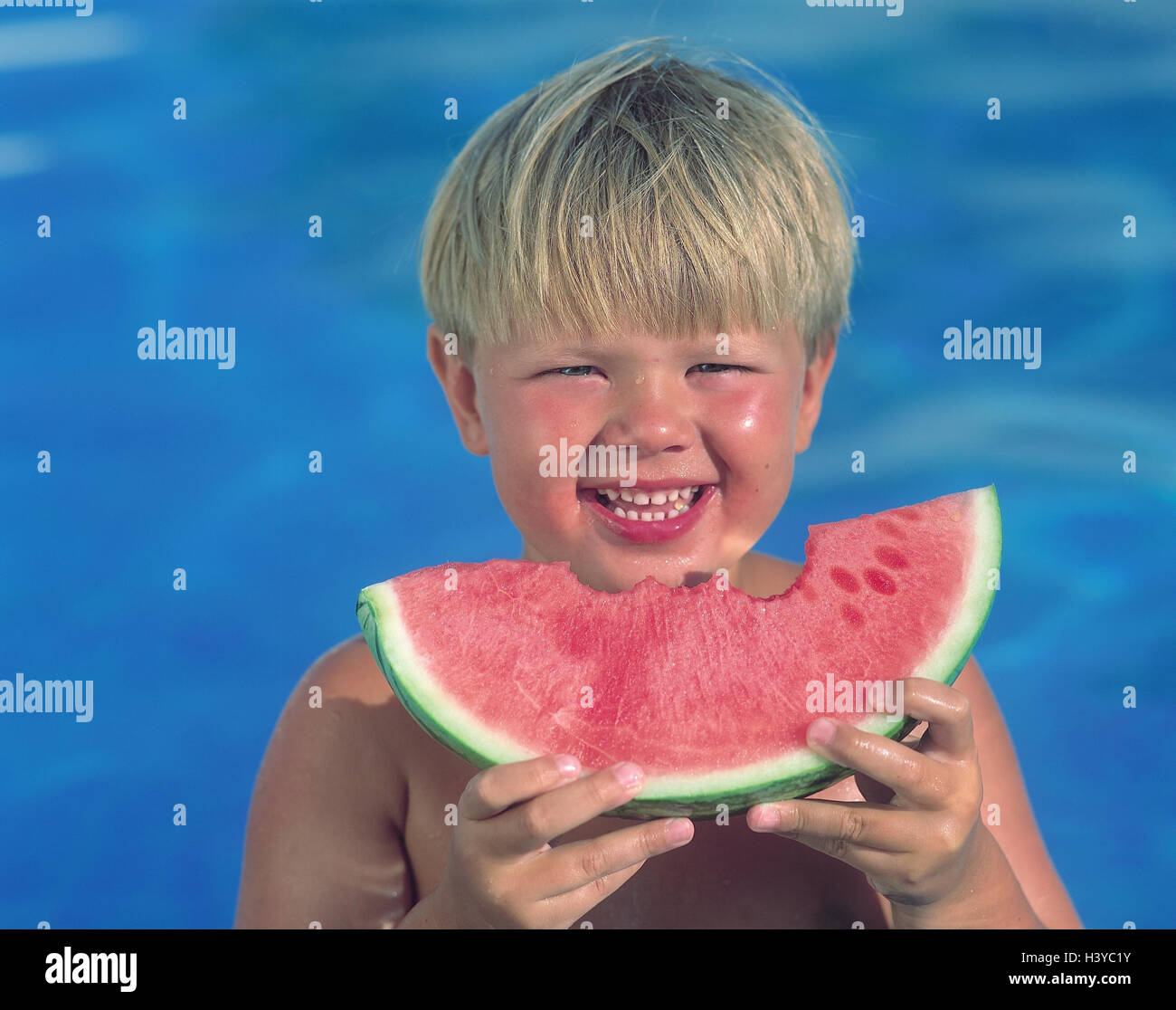 Boy, melon, eat, portrait, vacation, outside, summer, child ...