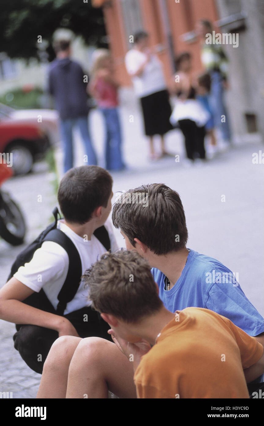 Boys, friends, three, passer-by, observe children, young persons ...