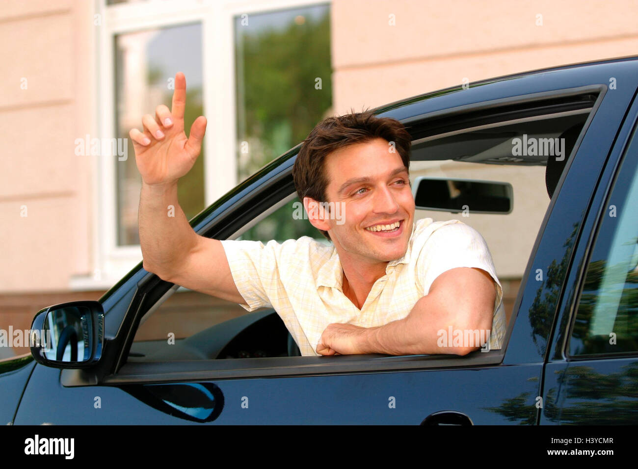 Drivers, gesture, greet, detail, man, young, car, car window ...