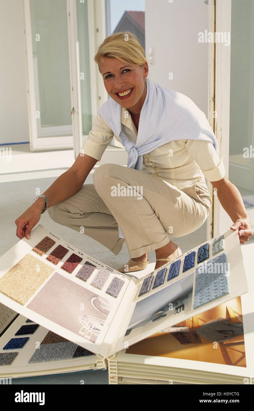 Flat, blank, woman, carpet samples, select, inside, house, new building ...