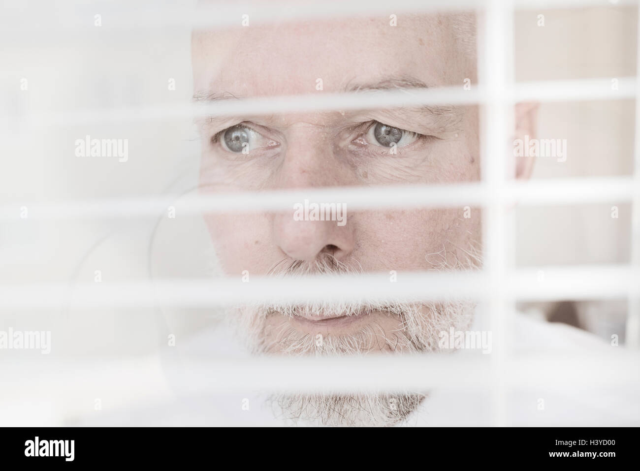 Old man looking out of window through blinds. Concept of watching and ...
