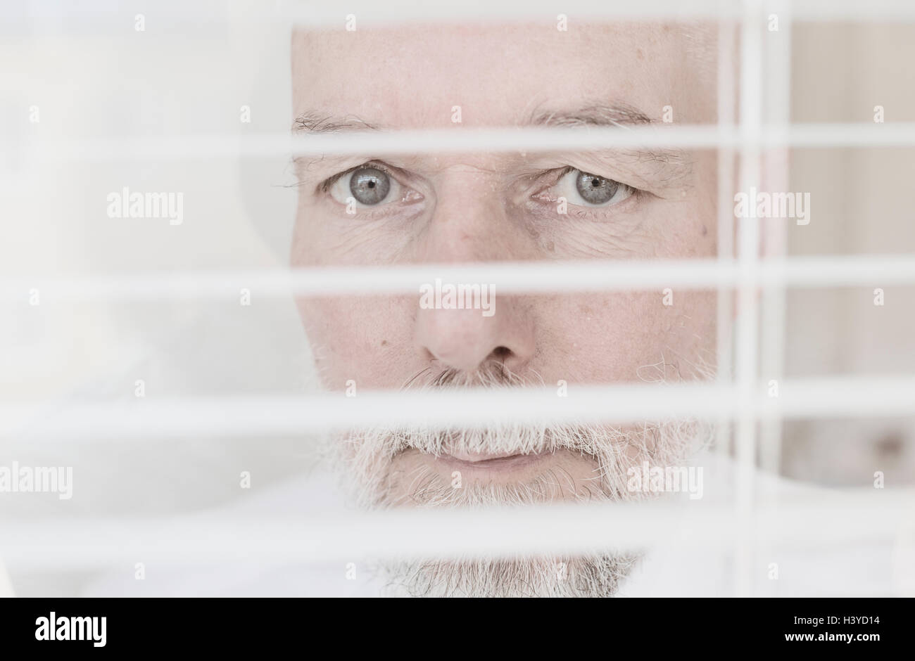 Old man looking out of window through blinds. Concept of watching and ...
