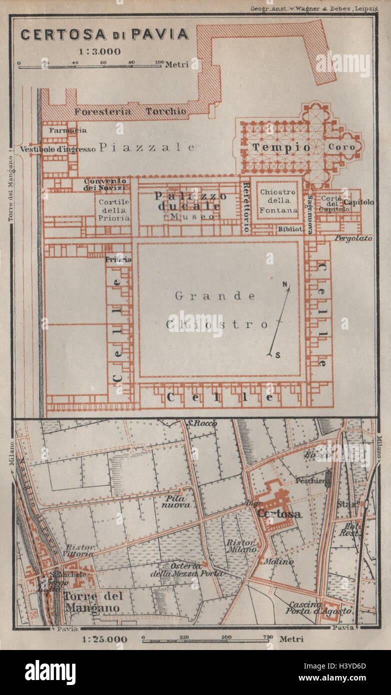 CERTOSA DI PAVIA ground plan. Italy. Torre del Mangano mappa. BAEDEKER ...