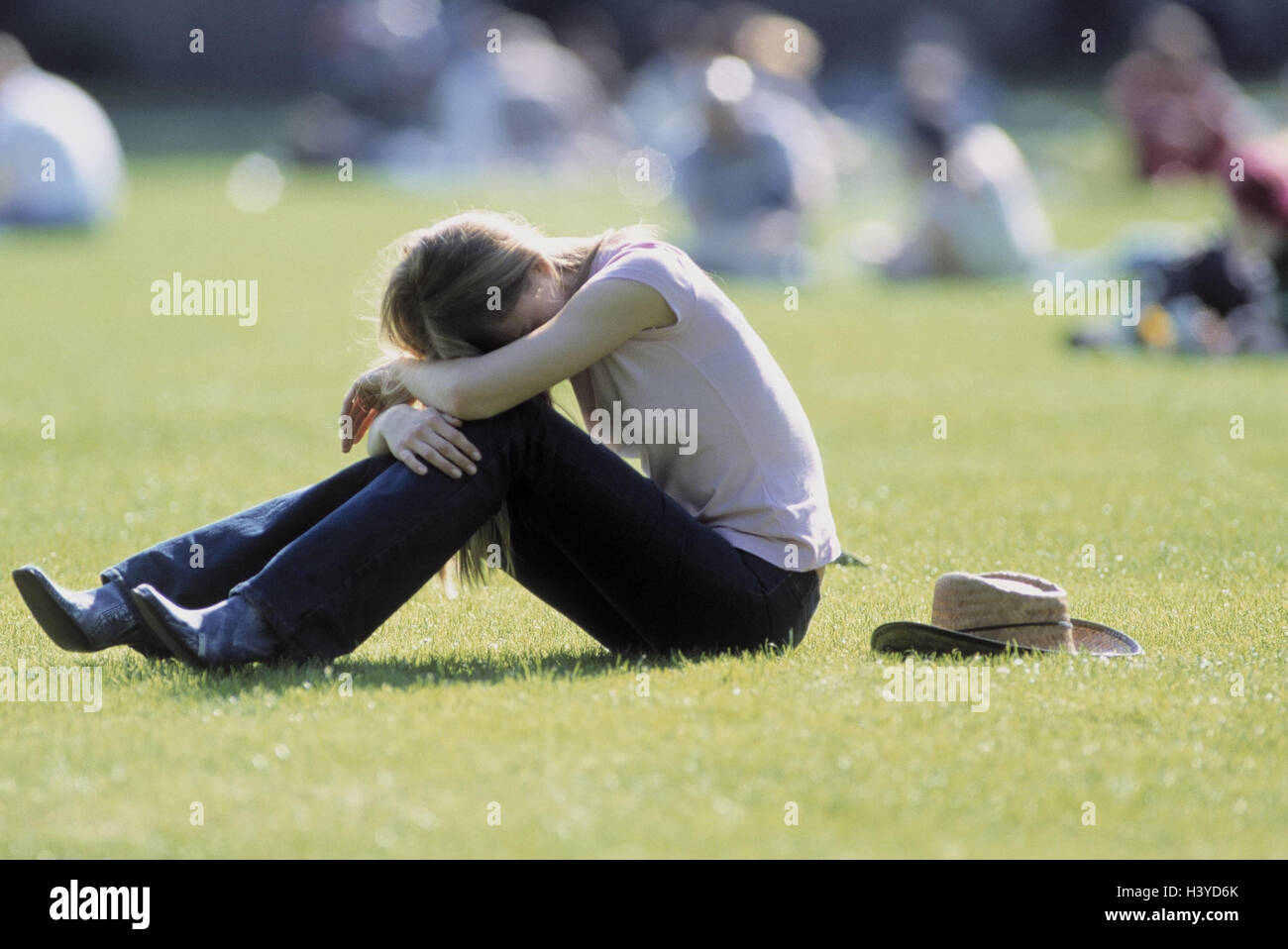 Meadow, woman, young, sit, sadly, depresses, outside, lonely ...