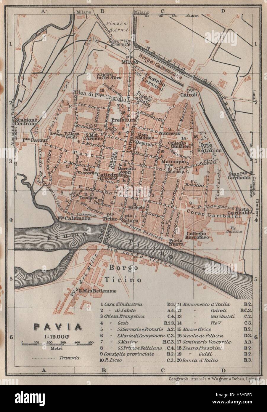 PAVIA antique town city plan piano urbanistico. Italy mappa. BAEDEKER ...