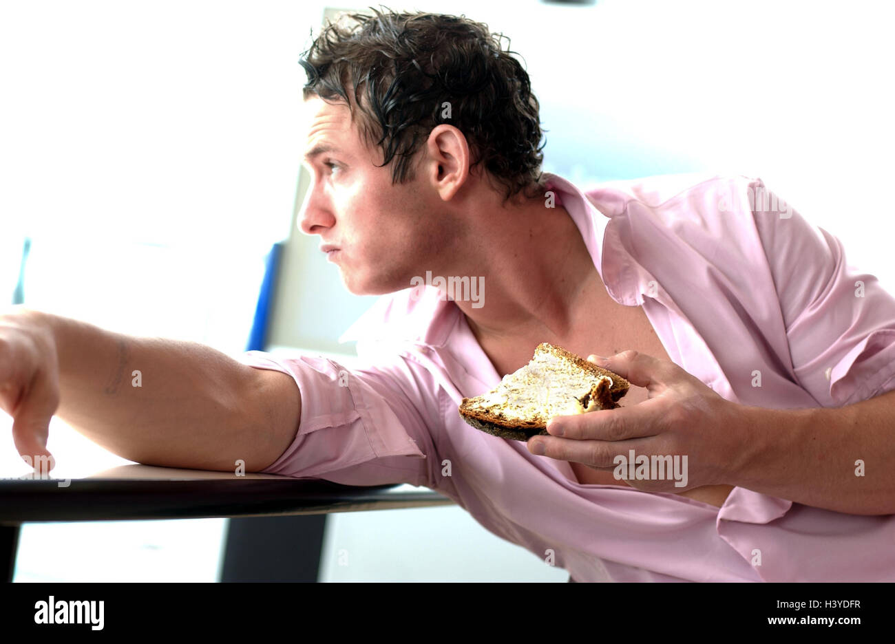 Man, young, bread and butter, view, windows, single, sit, eat hunger ...