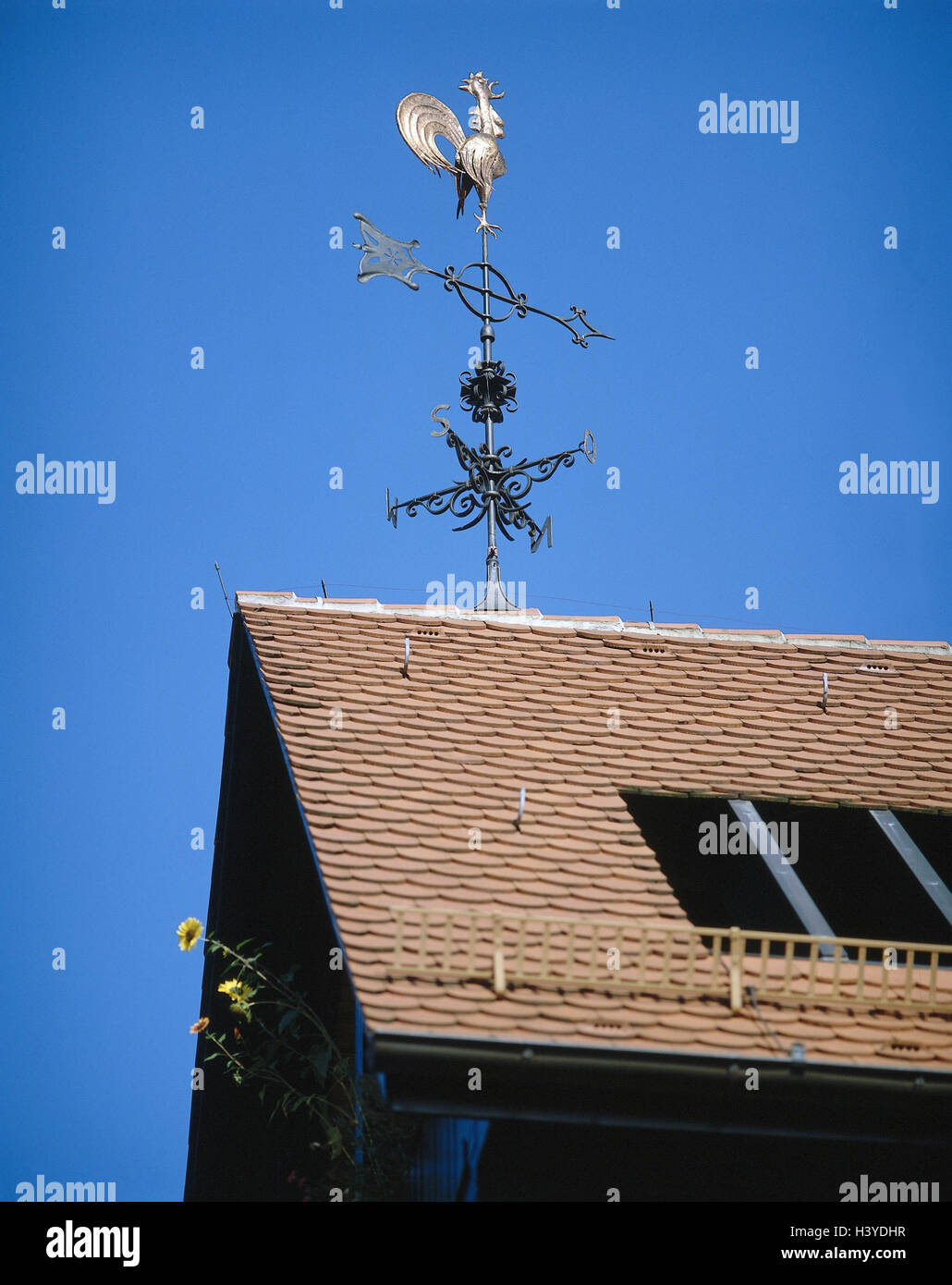 Weathercock, copper, house roof house, roof, detail, wind direction ...