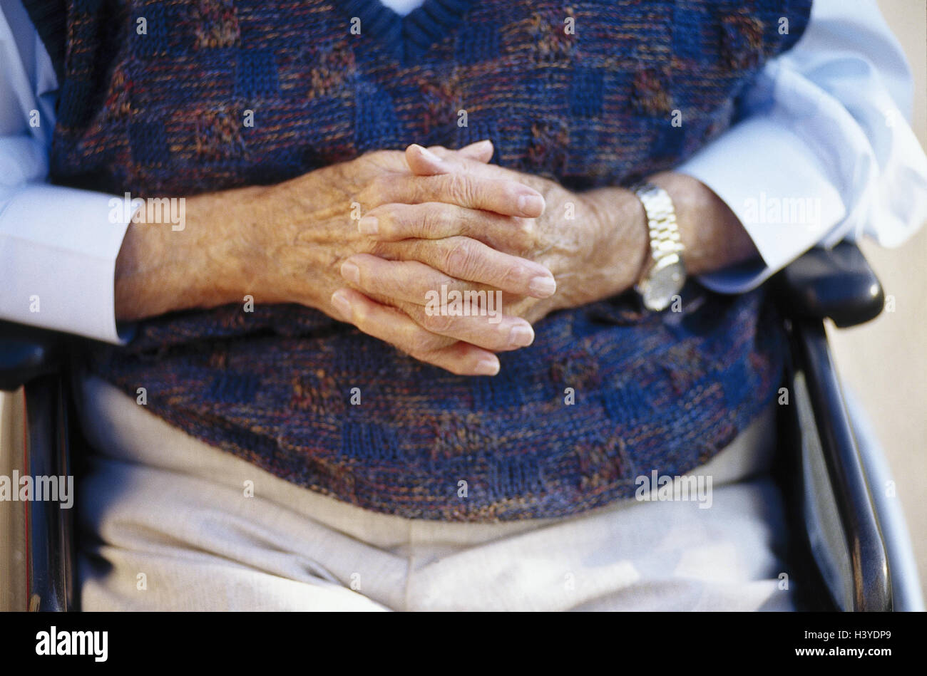 Senior, sit, hands, folded, detail, model released, man, old, old ...