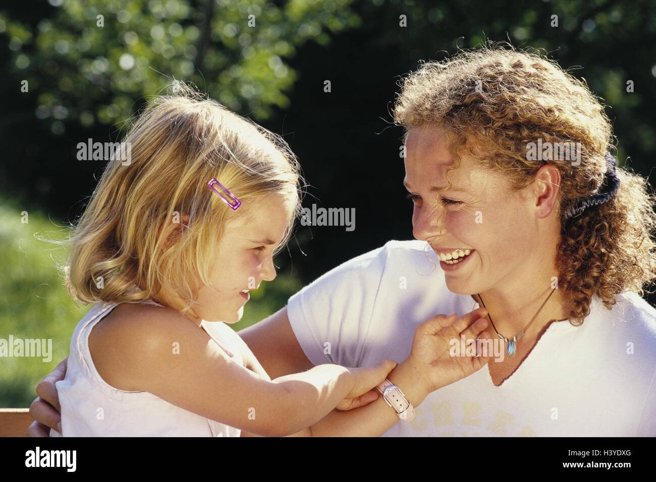 Woman, girl, happy, arm in arm, eye contact, page portrait model ...