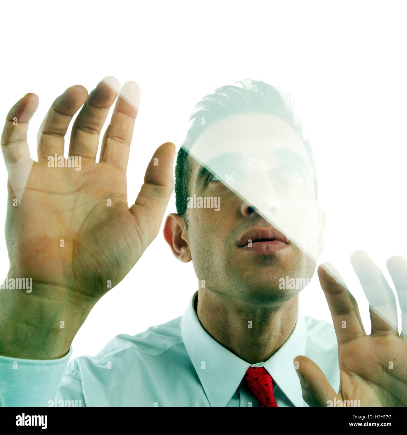 Man, view up, windowpane, gesture, portrait, very close, mood ...