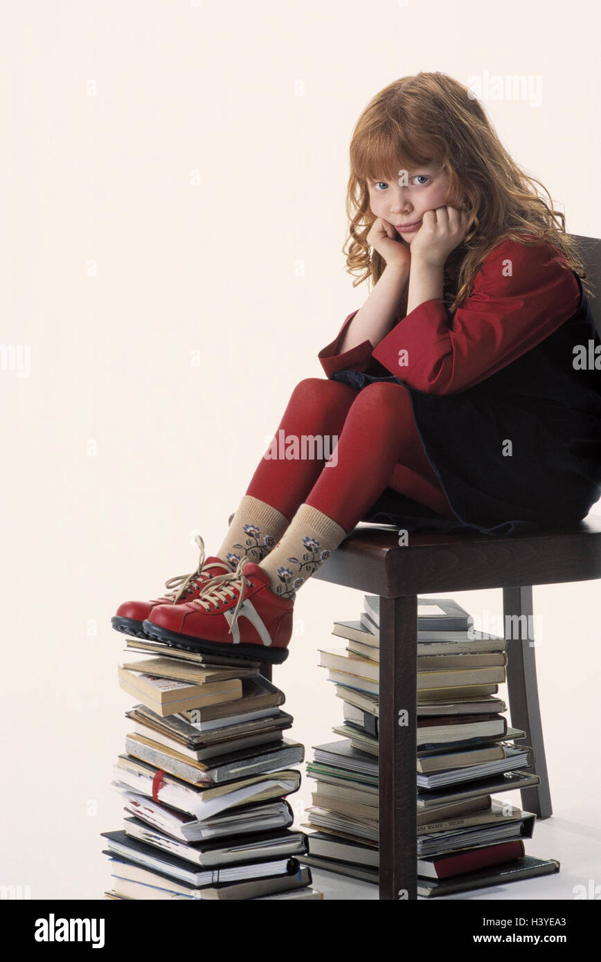 Chair, girl, book batch, sadly, child, long-haired, red-haired, school ...