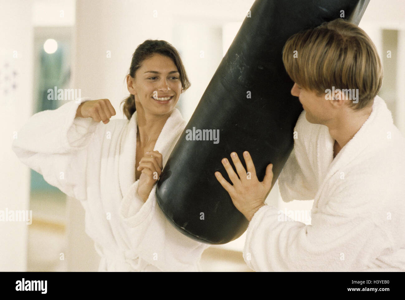 Couple, bathrobes, sandbag, box, happy, partners, dressing-gowns ...
