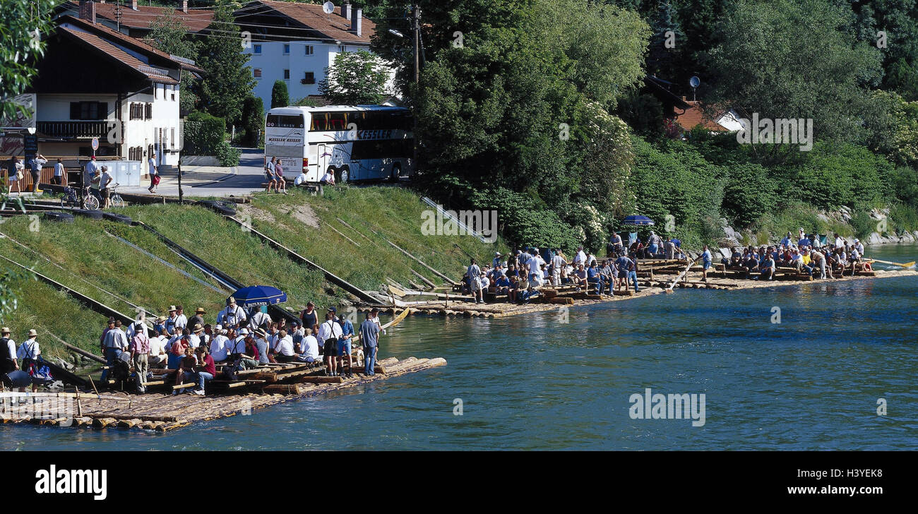 Germany, Bavaria, Wolfratshausen, Floßlände, wooden rafts, passengers ...