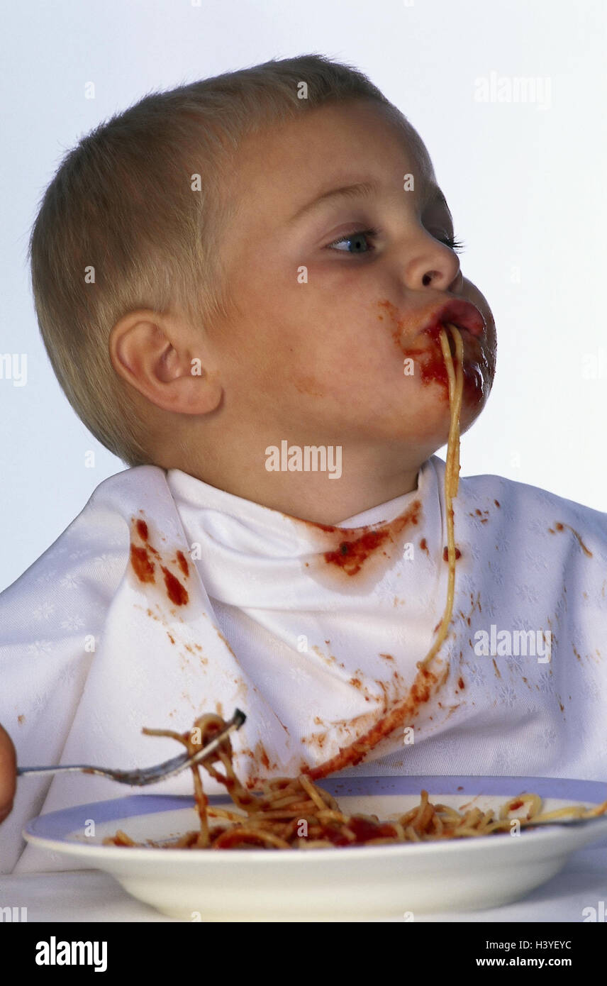 Boys, spaghetti, eat, look, smears, portrait, model released, very ...