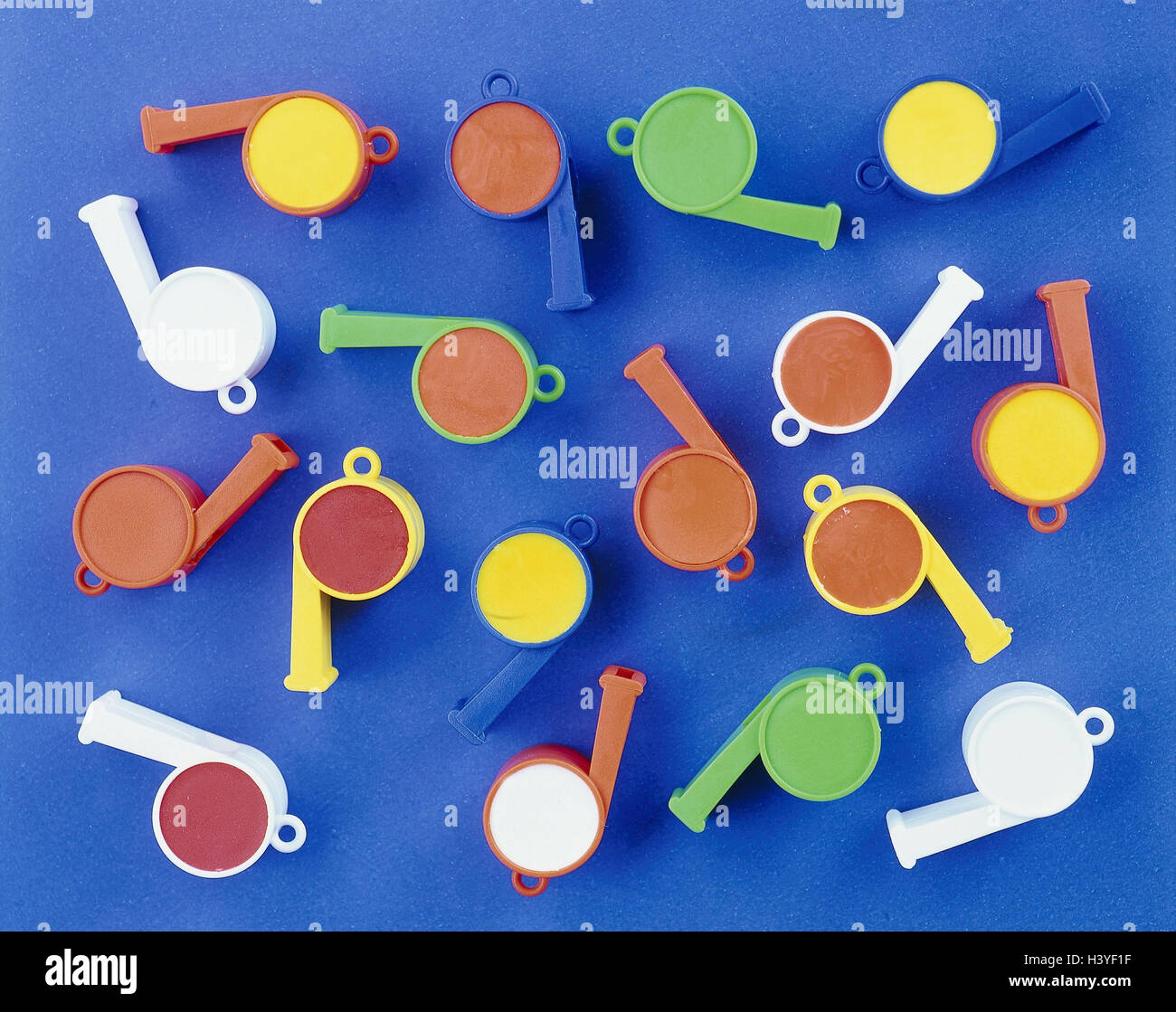 Signalling whistles, colours, differently, Still life, material ...