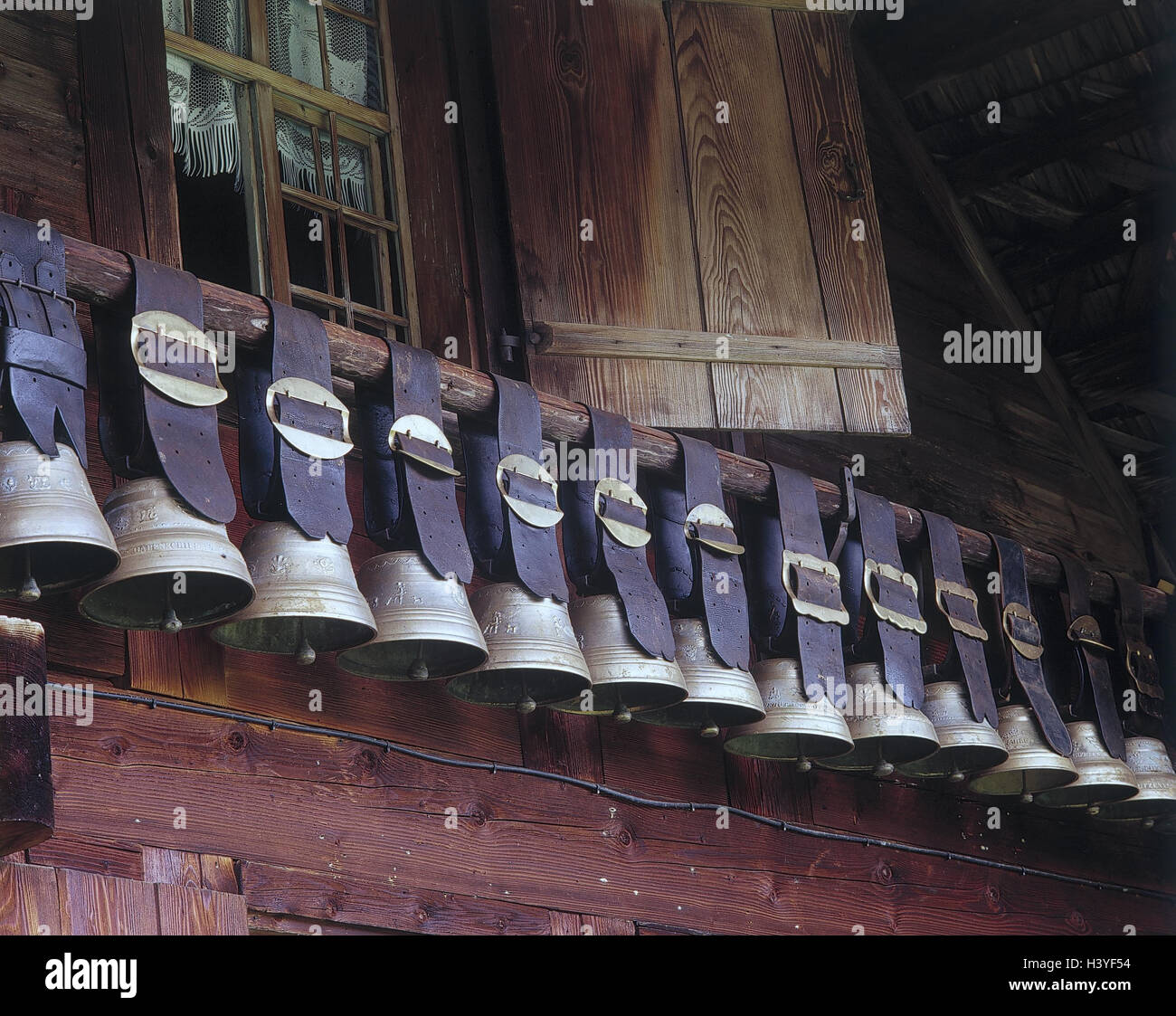 Switzerland, farmhouse, detail, cow bells, outside, Swiss cheeses ...