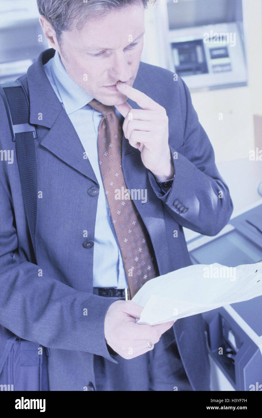 Bank, document printer, man, bank statements, thoughtful, half portrait ...