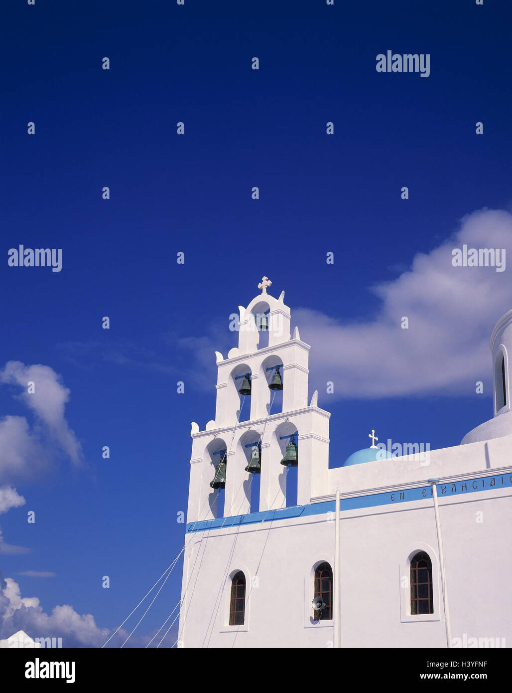 Greece, Santorin, church, detail, bell tower, outside, island, Cyclades ...
