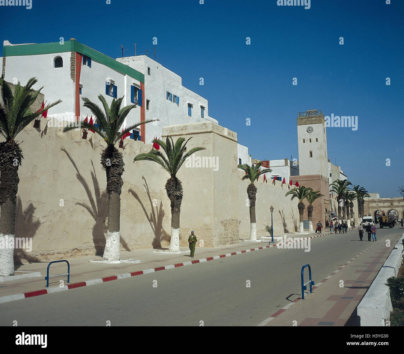 Morocco, Essaouira, city wall, clock tower, view, northwest, Africa ...