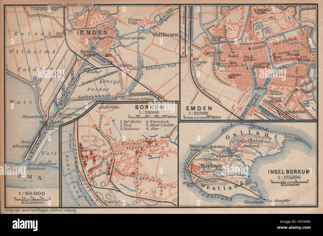 Insel BORKUM & EMDEN antique town city plan stadtplan. Lower Saxony ...