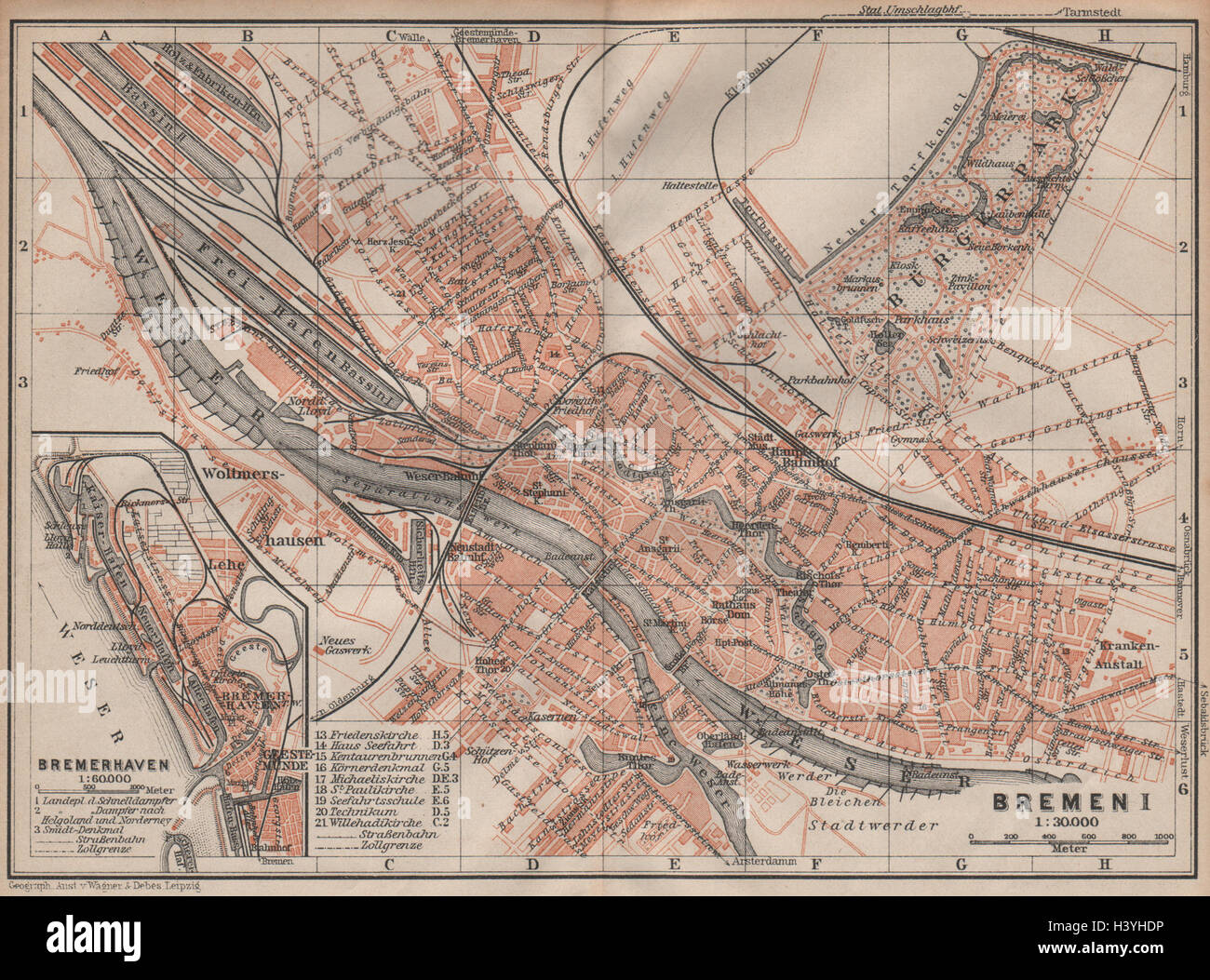BREMEN antique town city stadtplan I. Bremerhaven karte. BAEDEKER 1904 ...