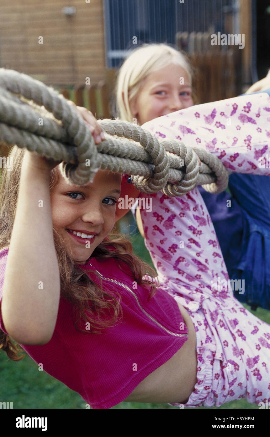Garden, climbing frame, rope, girl, do gymnastics, play, happy, detail ...