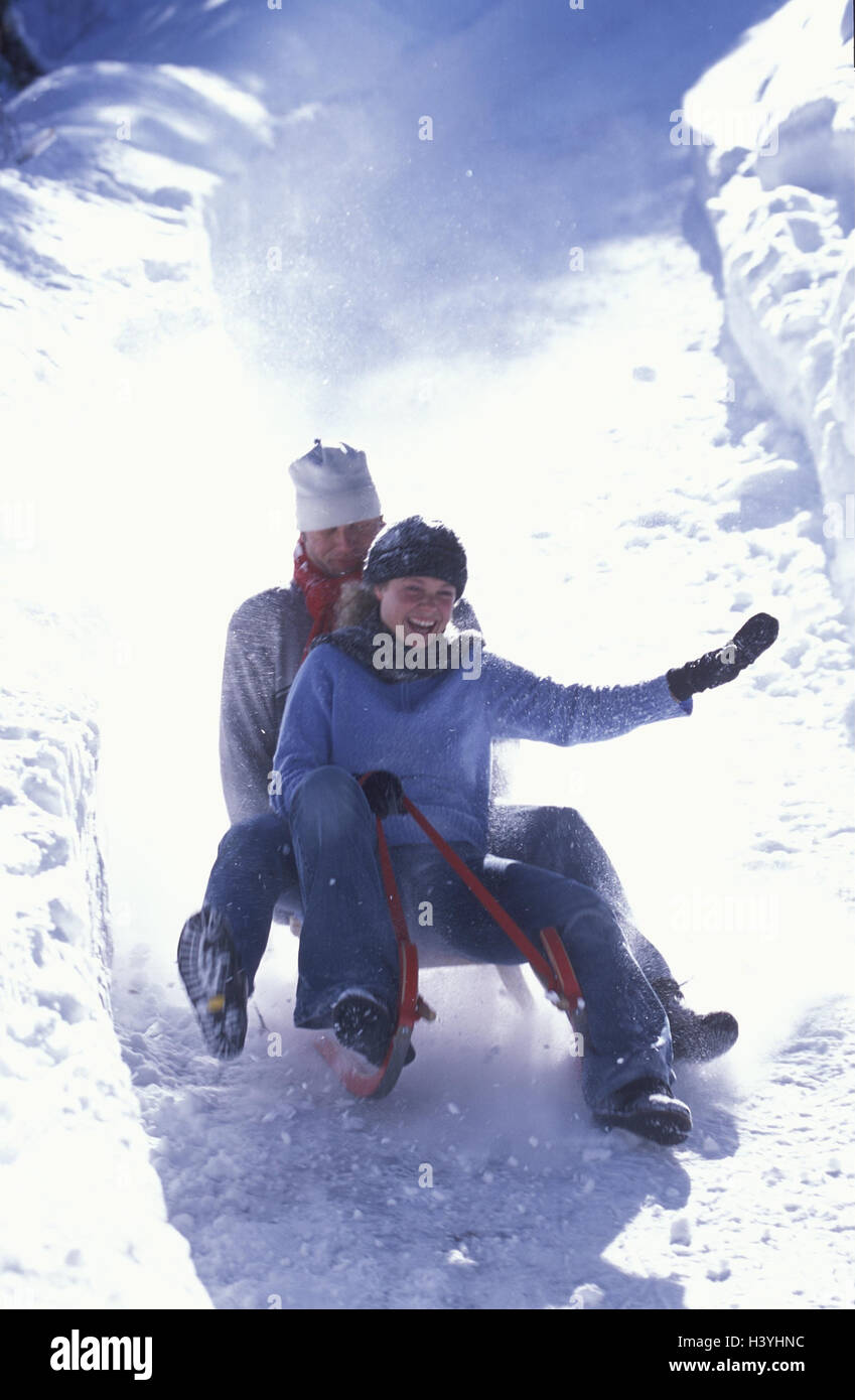 Couple, sleigh-riding, happy, toboggan runs, sledges, sledge, slide, go ...