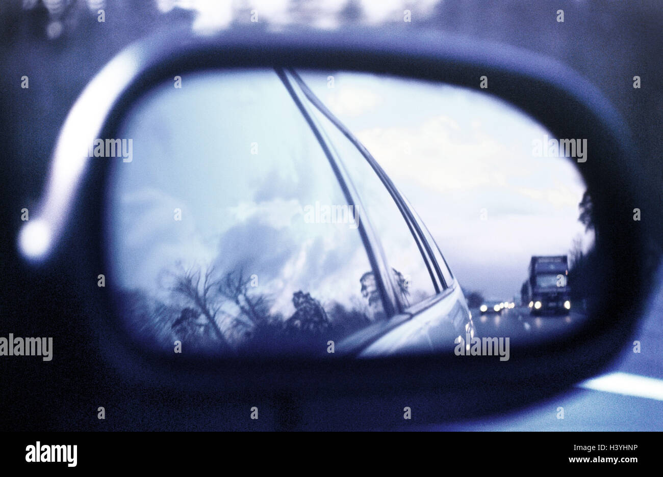 Passenger car, detail, view exterior mirror, traffic, b/w, highway ...