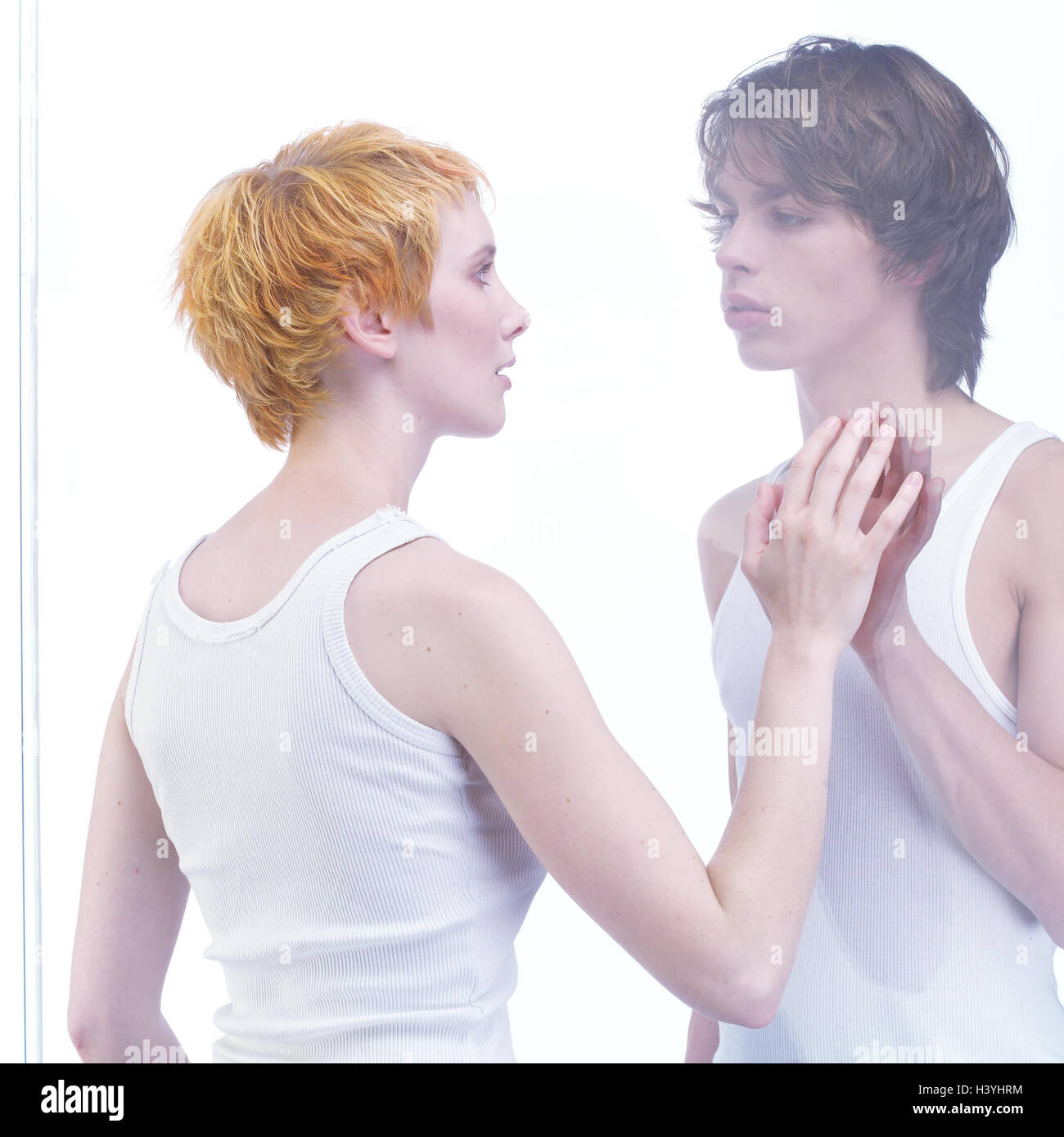 Couple, young, separation, windowpane, eye contact, gesture, longing ...