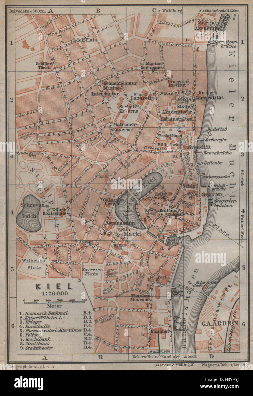 KIEL antique town city stadtplan. Schleswig-Holstein karte. BAEDEKER ...