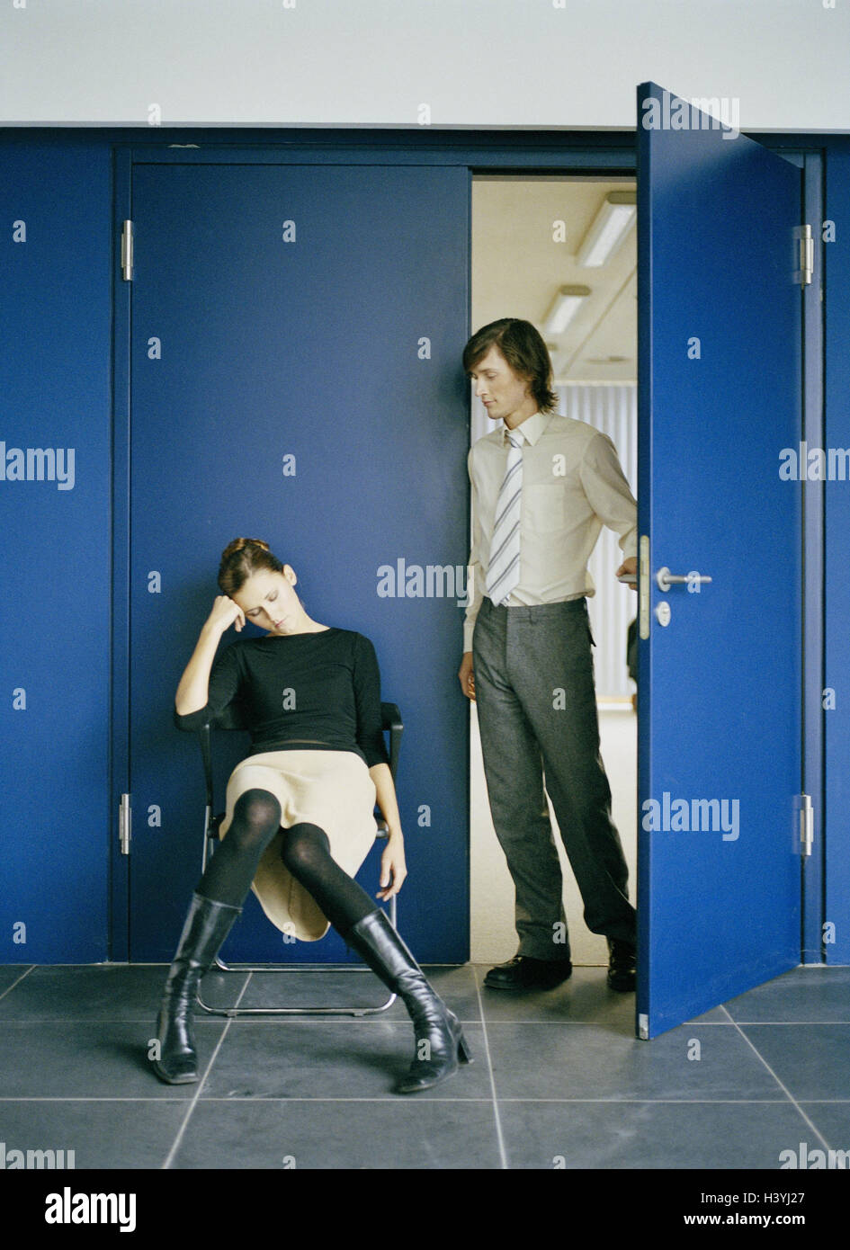 Office buildings, hall, woman, sit, sleep, open man, door, business ...