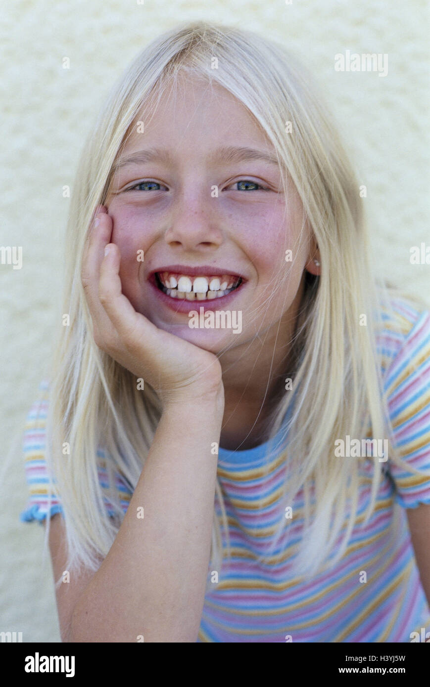Girls, blond, laugh, add support head, portrait, 10 years, childhood ...