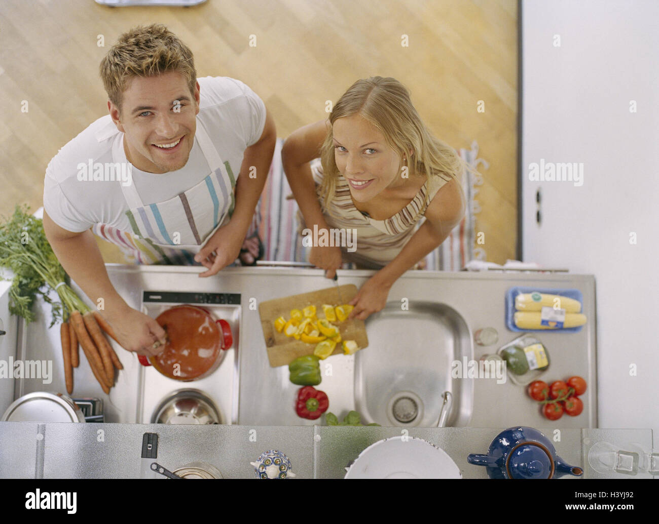 Cuisine, couple, cook, together, from above, privately, at home ...