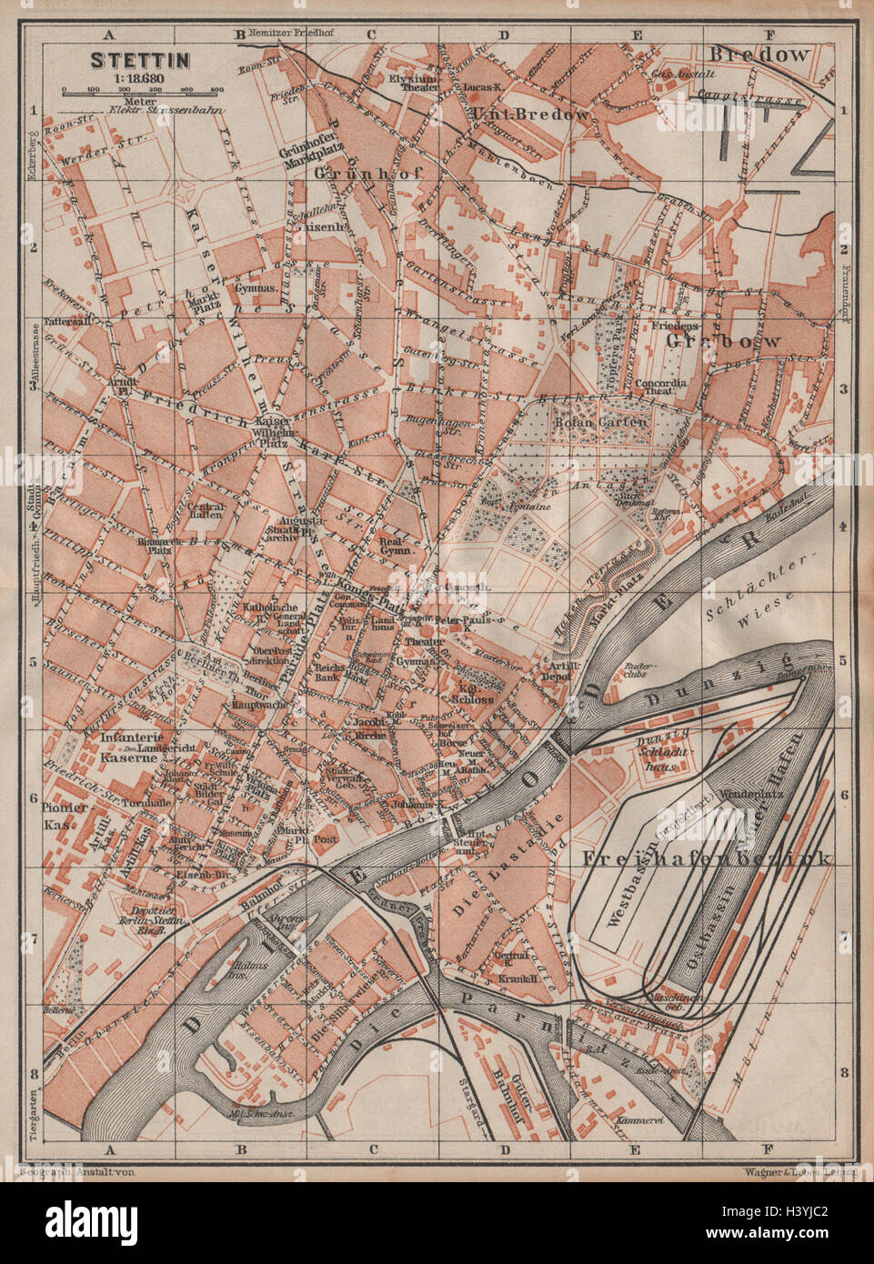 STETTIN SZCZECIN antique town city plan miasta. Poland mapa. BAEDEKER ...