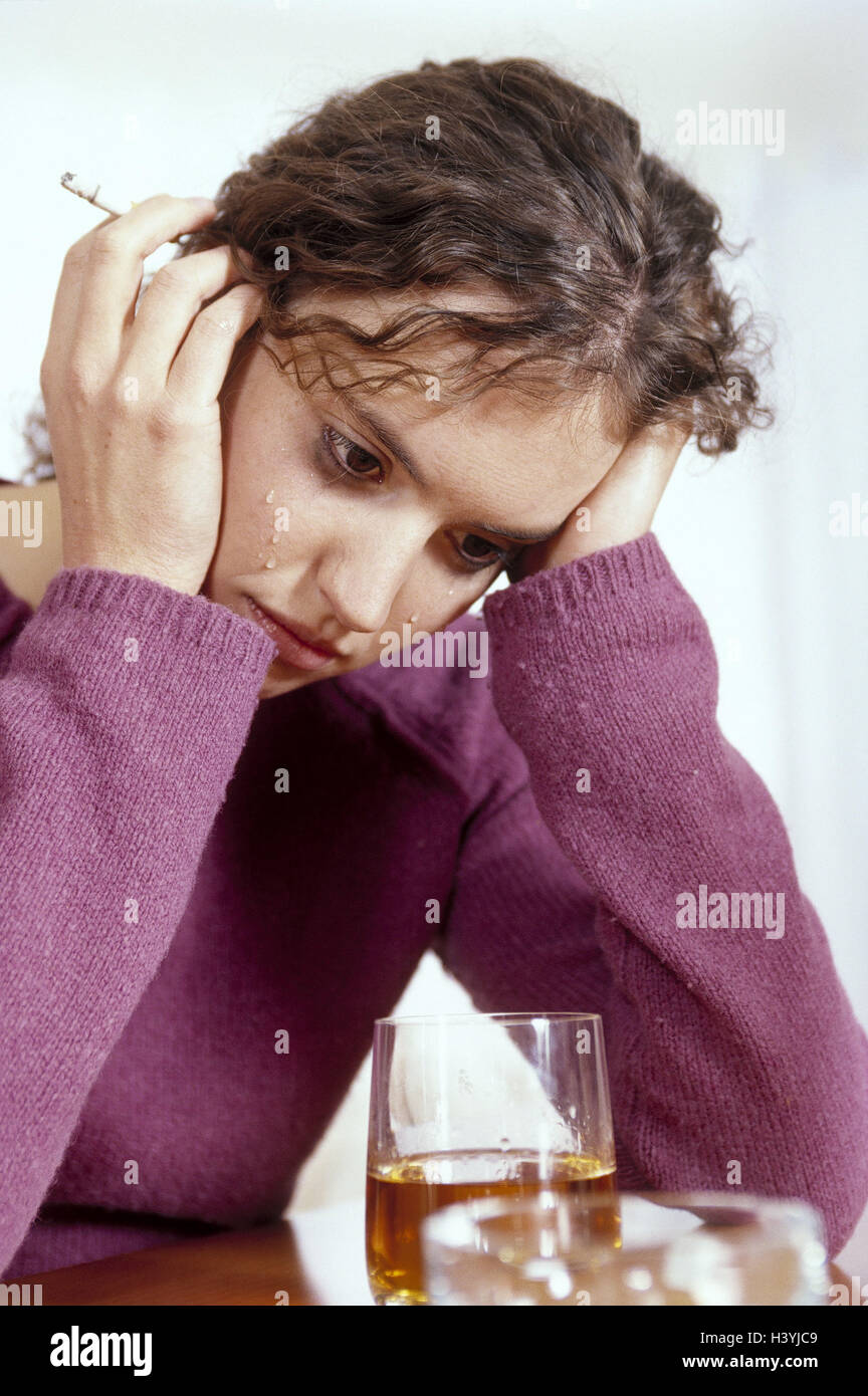 Woman, young, whisky glass, cigarette, sadly, desperation 25-30 years ...