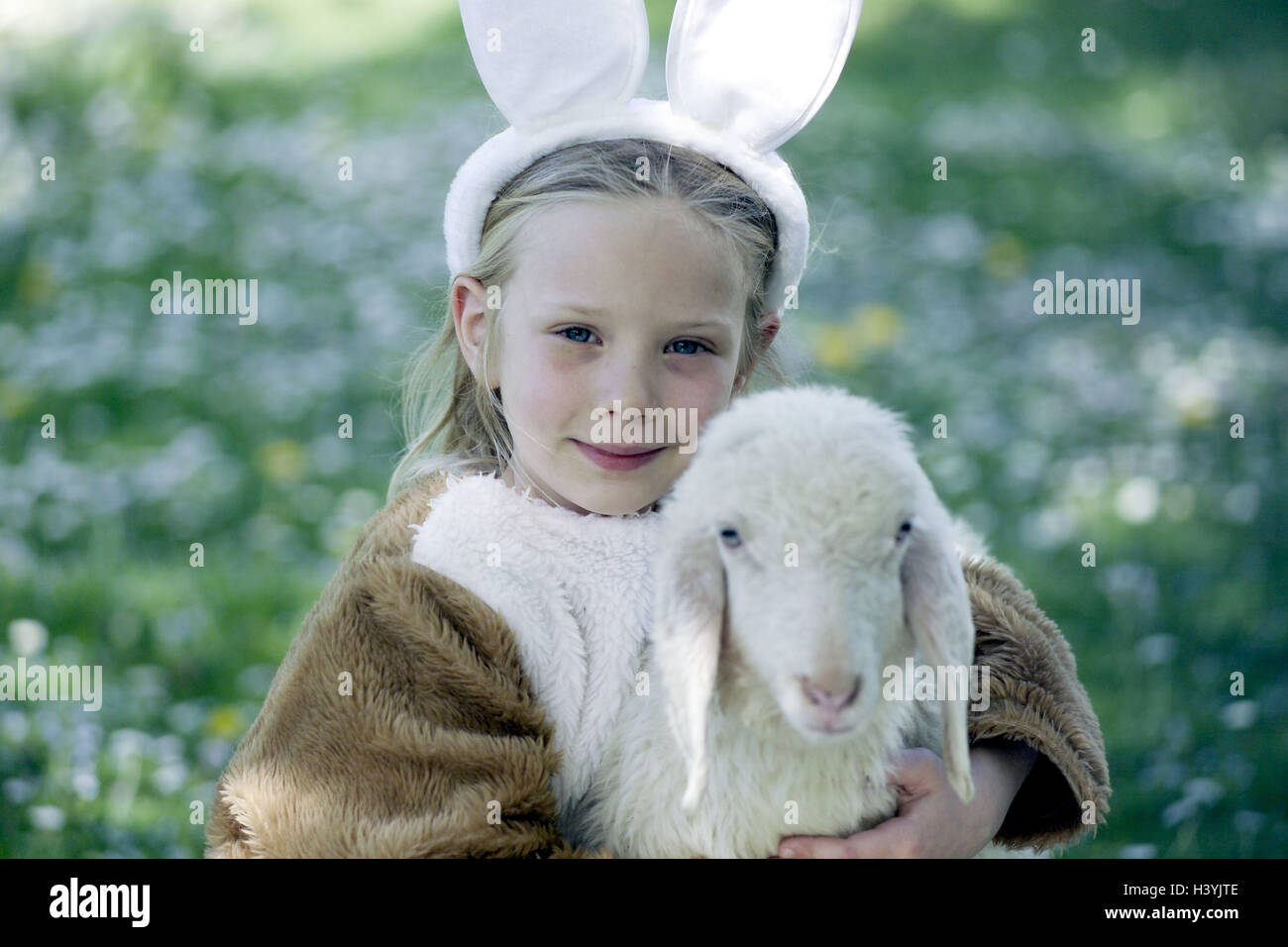 Meadow, girl, hare's costume, lamb, embrace, portrait, Easter, Easter ...